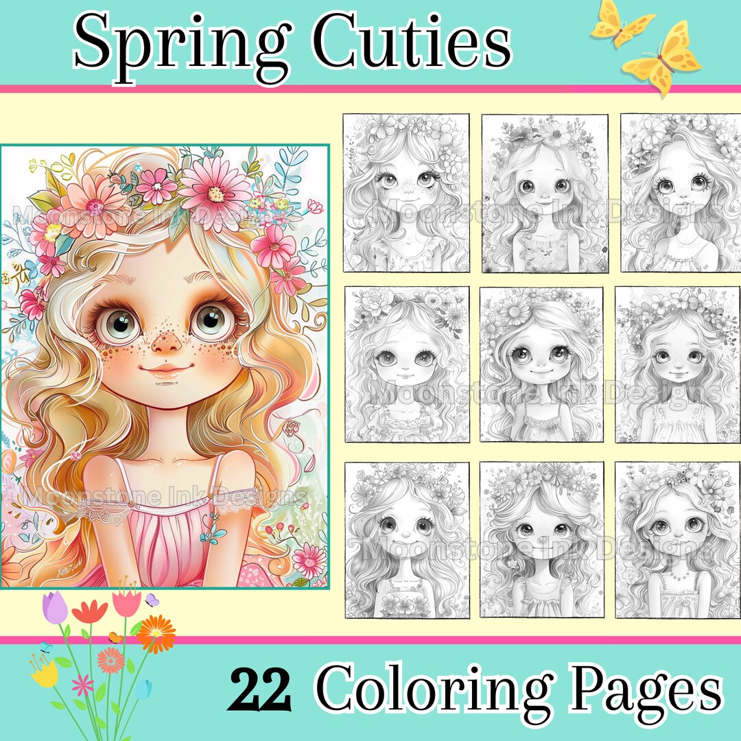 Spring Cuties Coloring Pages, 22 Digital Downloads, Beautiful Portraits Digital Coloring Sheets ...