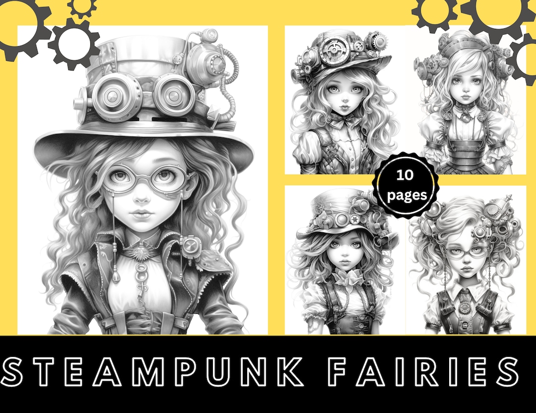 Steampunk Fairies Adult Coloring Pages, 10 Digital Downloads, Grayscale ...