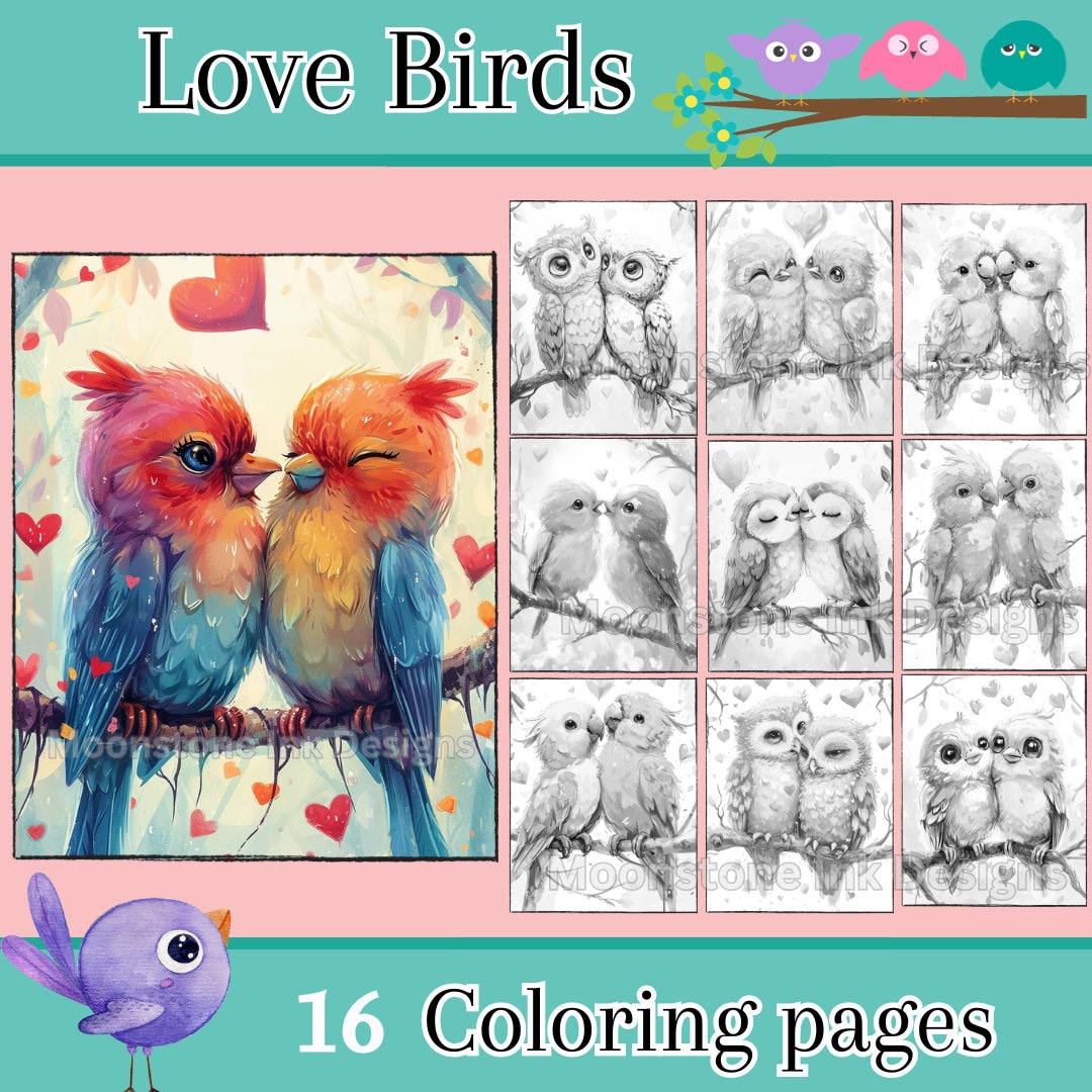 Love Birds Adult Coloring Pages, 16 Digital Downloads, Beautiful Birds ...