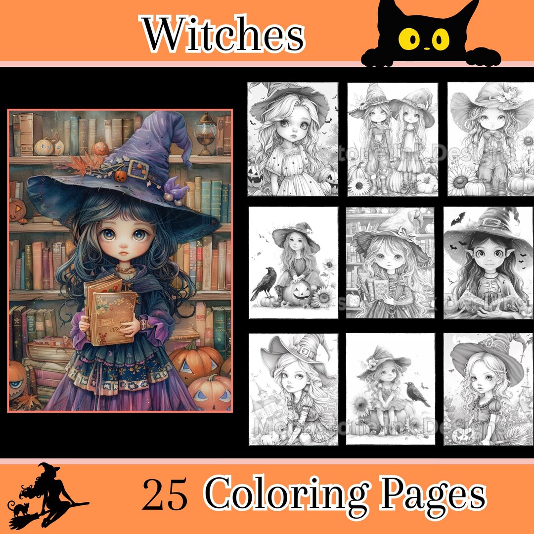Halloween Witches, Adult Coloring Pages, Digital Coloring Sheets, 25 ...