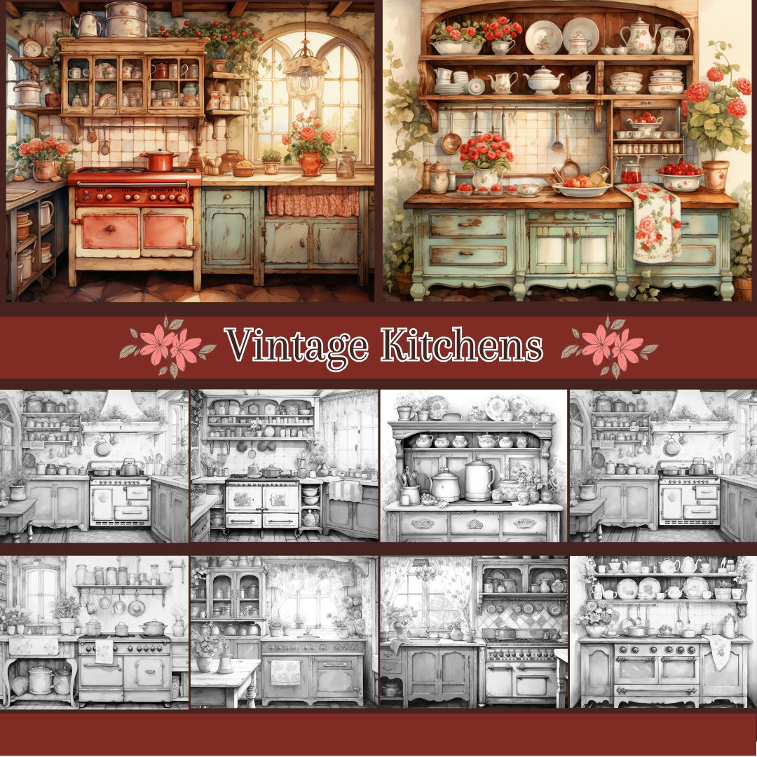 Vintage Kitchens Adult Coloring Pages, 20 Digital Downloads, Grayscale ...