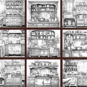 Vintage Kitchens Adult Coloring Pages, 20 Digital Downloads, Grayscale ...