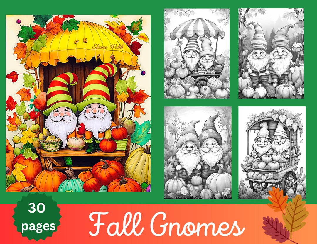 Fall Gnomes Adult Coloring Pages, 30 Digital Downloads, Grayscale ...