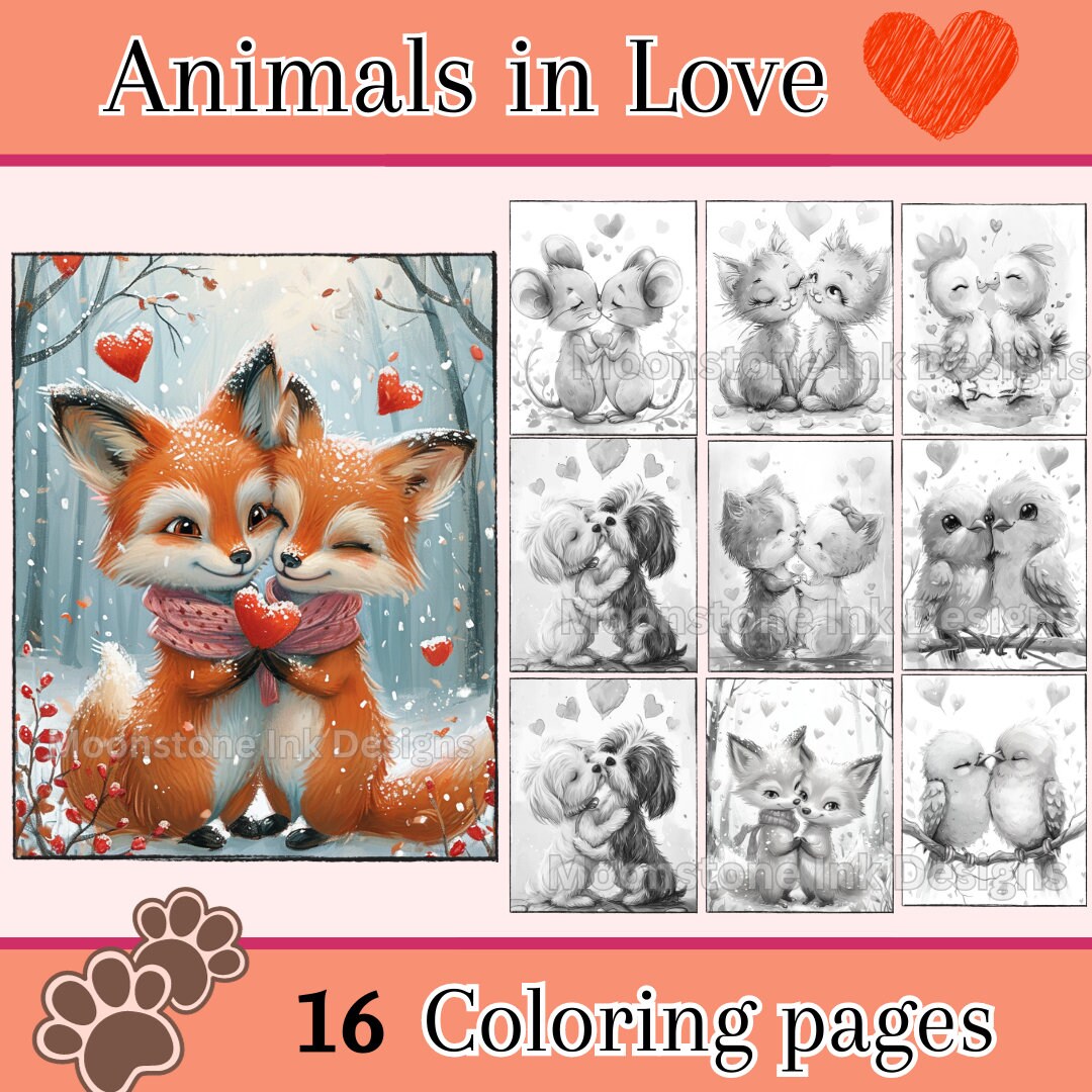 Animals in Love Adult Coloring Pages, 16 Digital Downloads, Beautiful ...