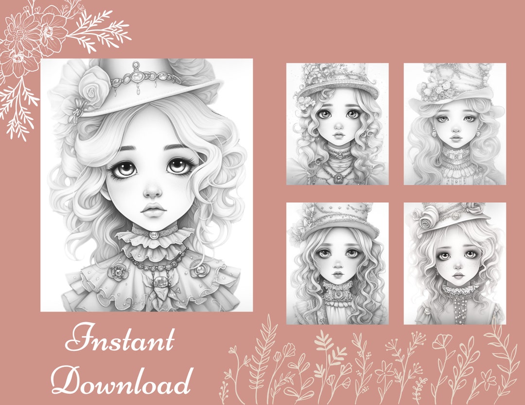 Cute Vintage Girls Adult Coloring Page 10 Digital Download Grayscale ...