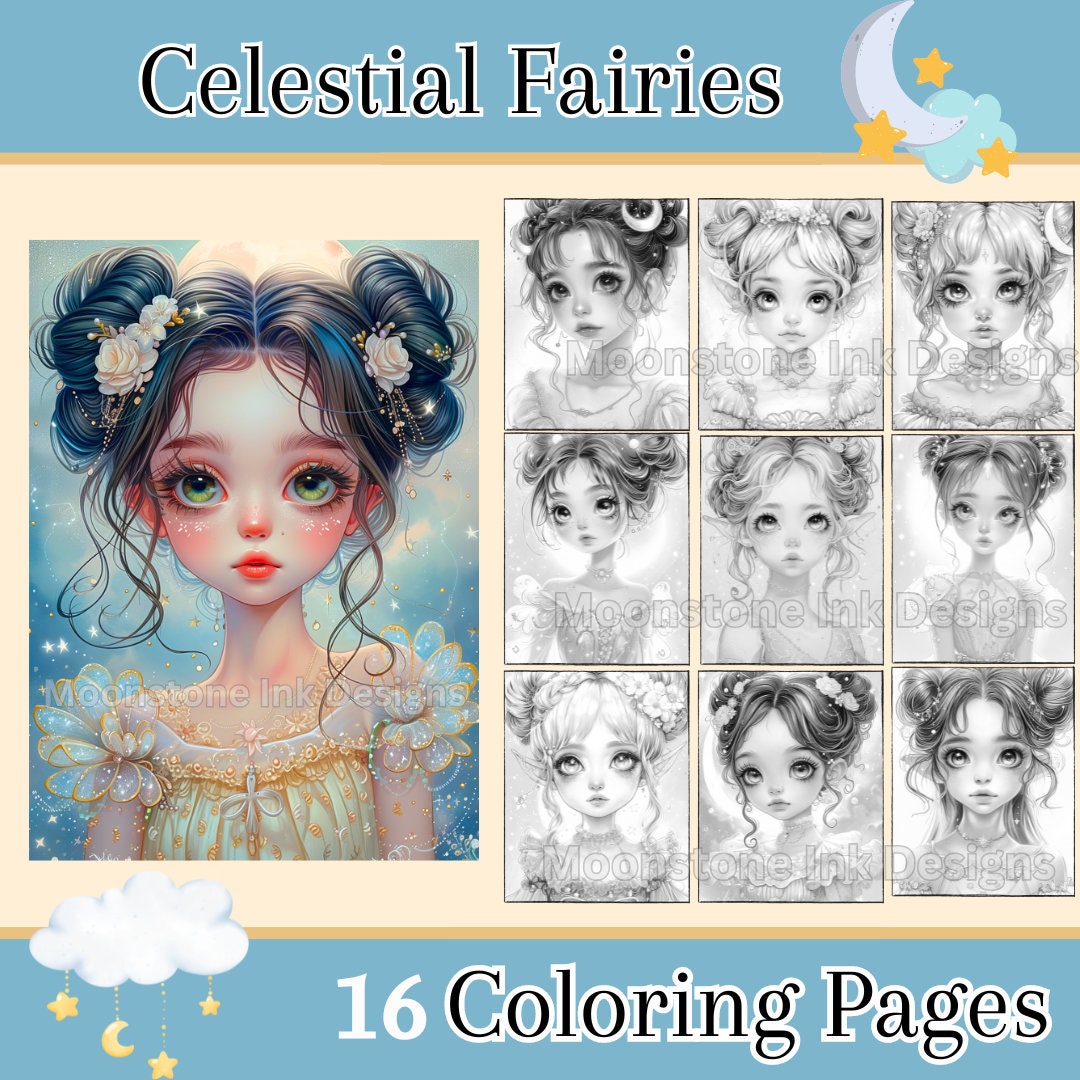 Celestial Fairies, Fairy Coloring Pages, 16 Digital Downloads, Grayscale Coloring, Printable PDF ...