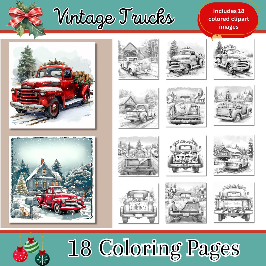 Christmas Vintage Trucks Adult Coloring Pages, 18 Digital Downloads ...