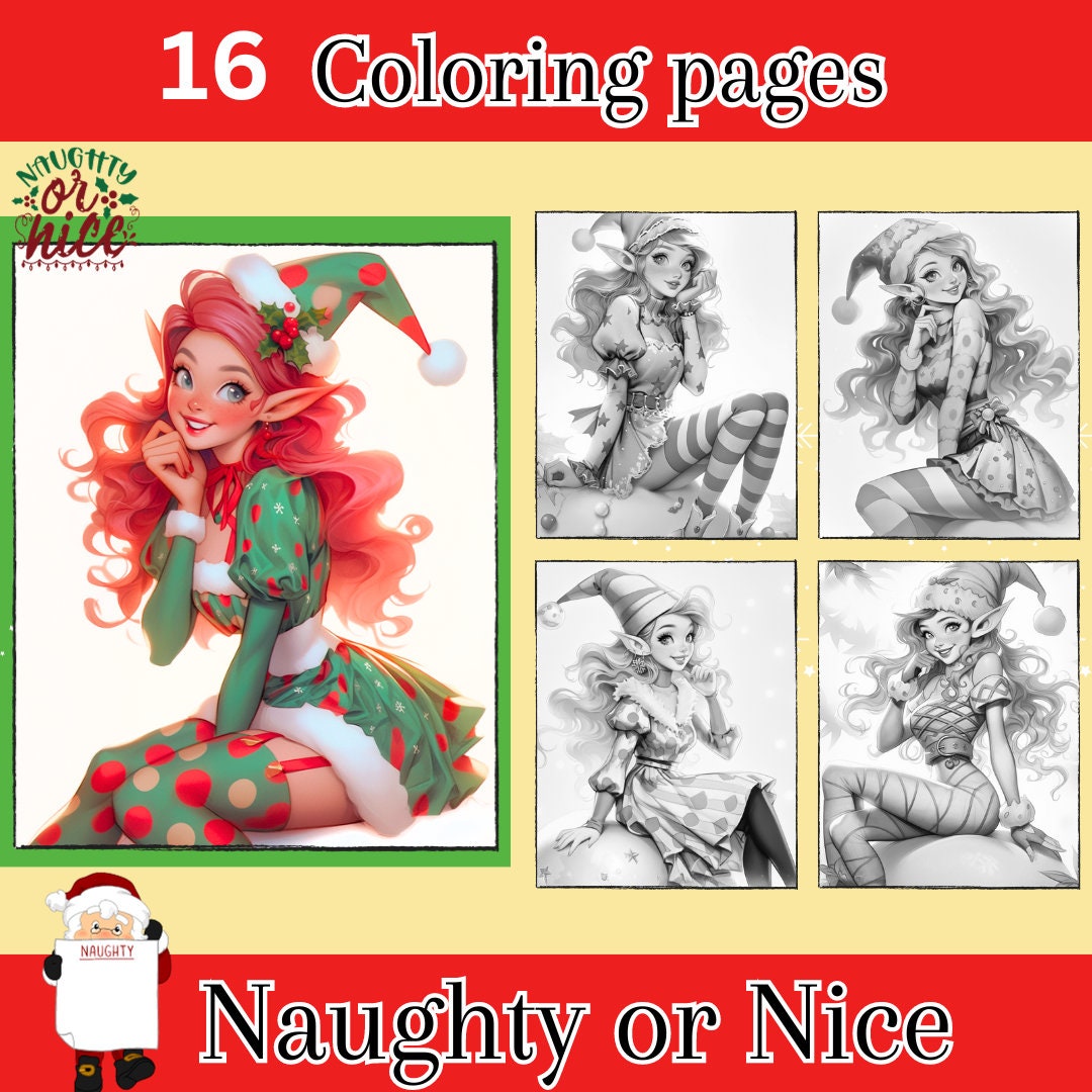 Naughty or Nice Adult Coloring Pages, 16 Digital Downloads, Grayscale ...