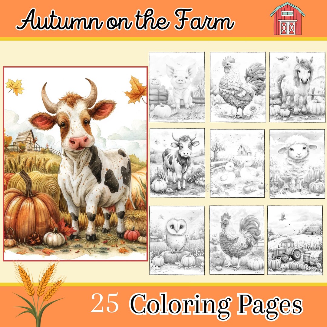 Autumn on the Farm Adult Coloring Pages, 25 Digital Downloads ...