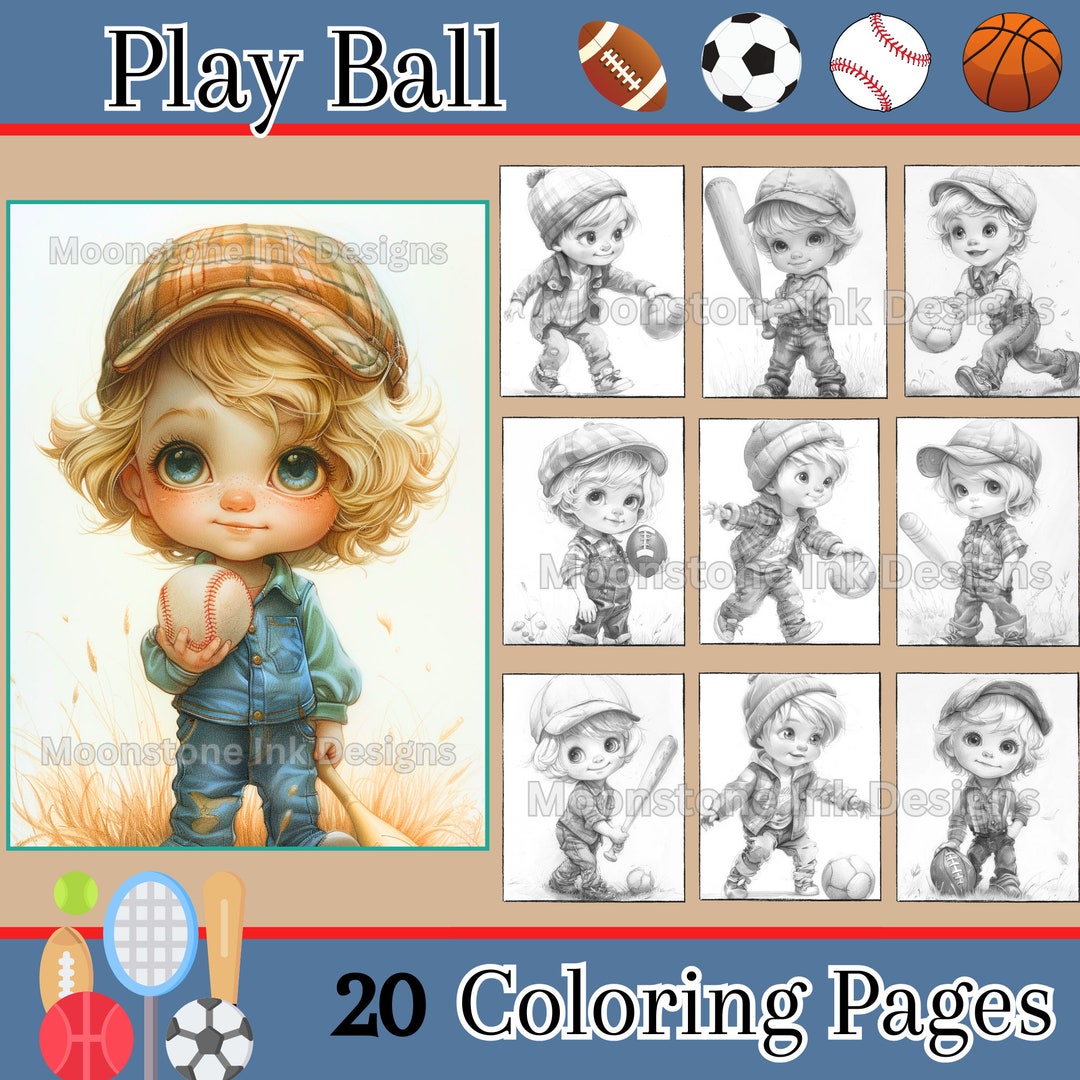 Play Ball Coloring Pages, 20 Digital Downloads, Digital Coloring Sheets ...