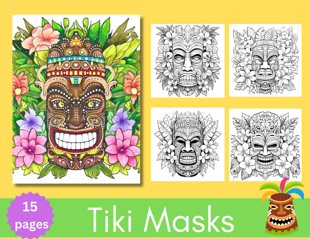 Tiki Maska Adult Coloring Pages, 15 Digital Downloads, Line Art ...
