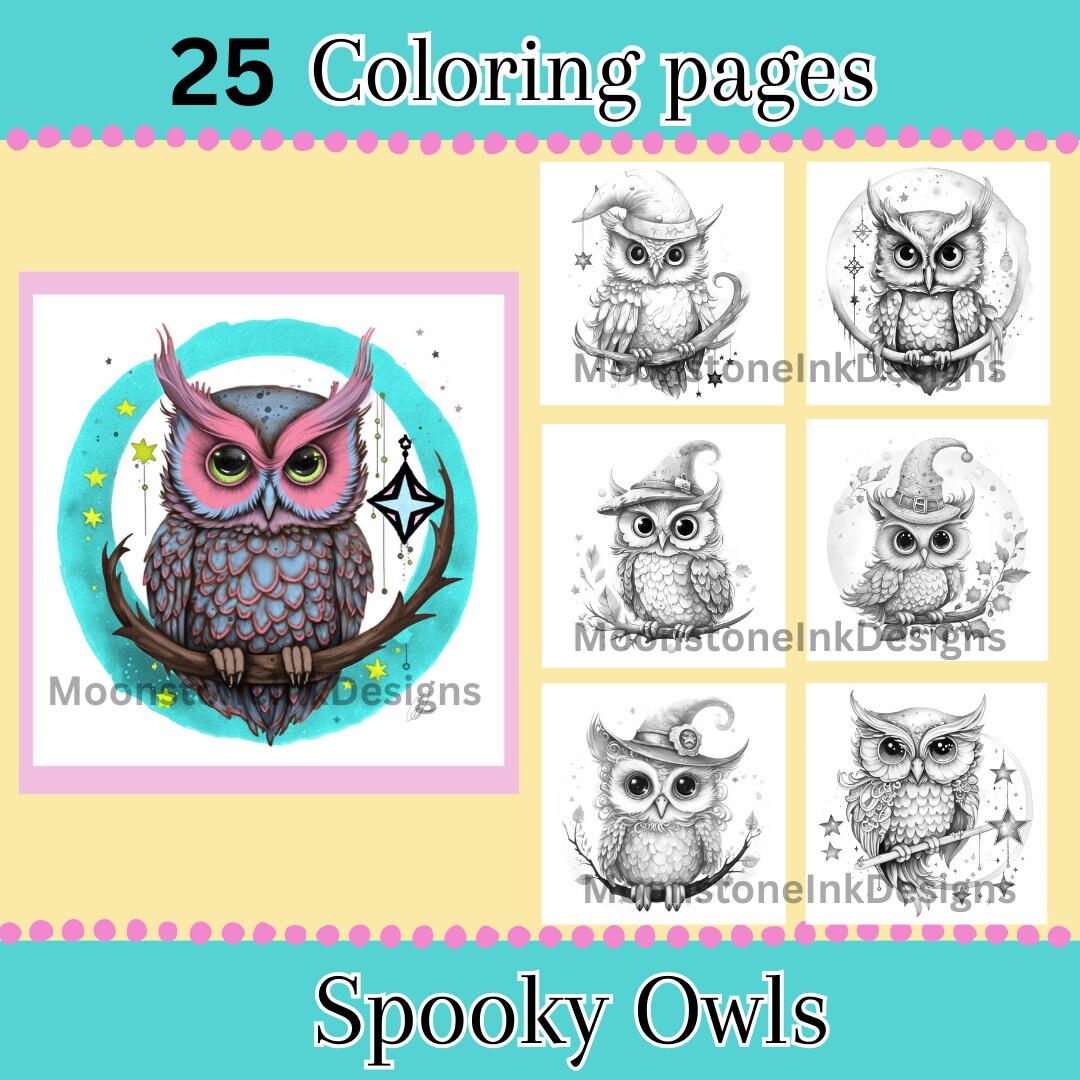 Spooky Owls Adult Coloring Pages 25 Digital Downloads - Etsy