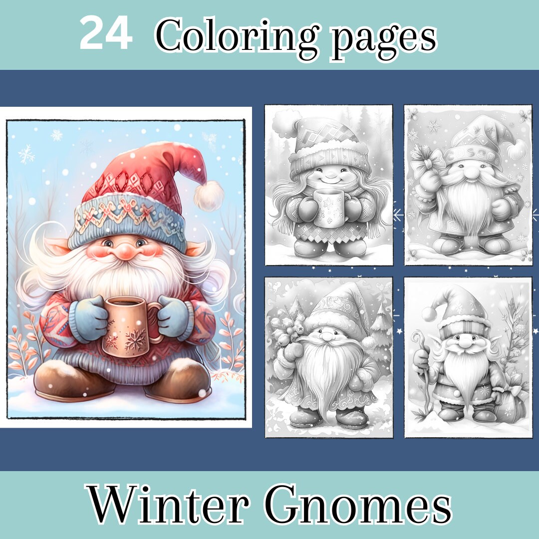 Winter Gnomes Adult Coloring Pages, 24 Digital Downloads, Grayscale ...