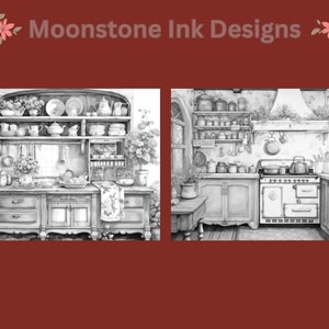 Vintage Kitchens Adult Coloring Pages, 20 Digital Downloads, Grayscale ...