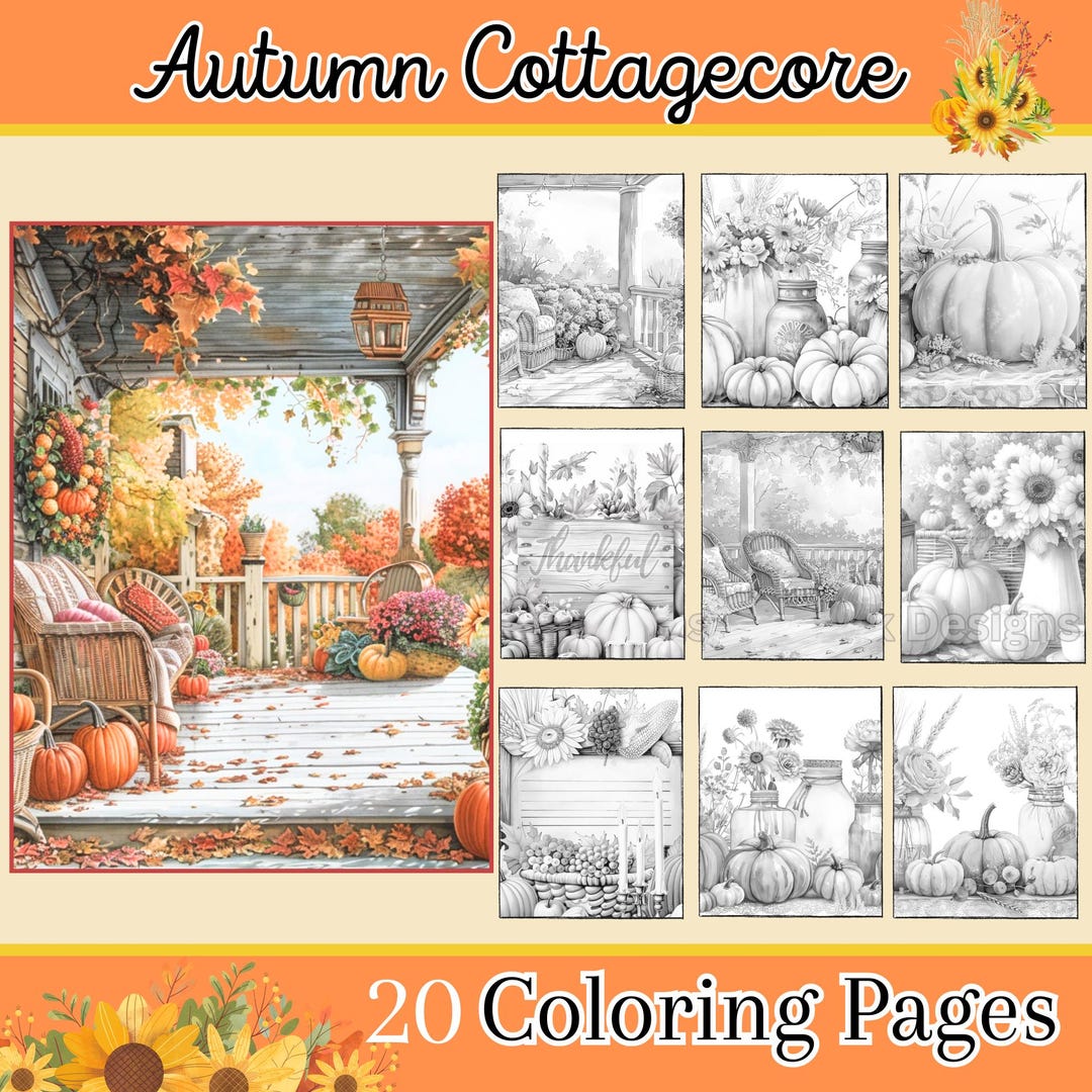 Autumn Cottage Core Adult Coloring Pages, 20 Digital Downloads ...