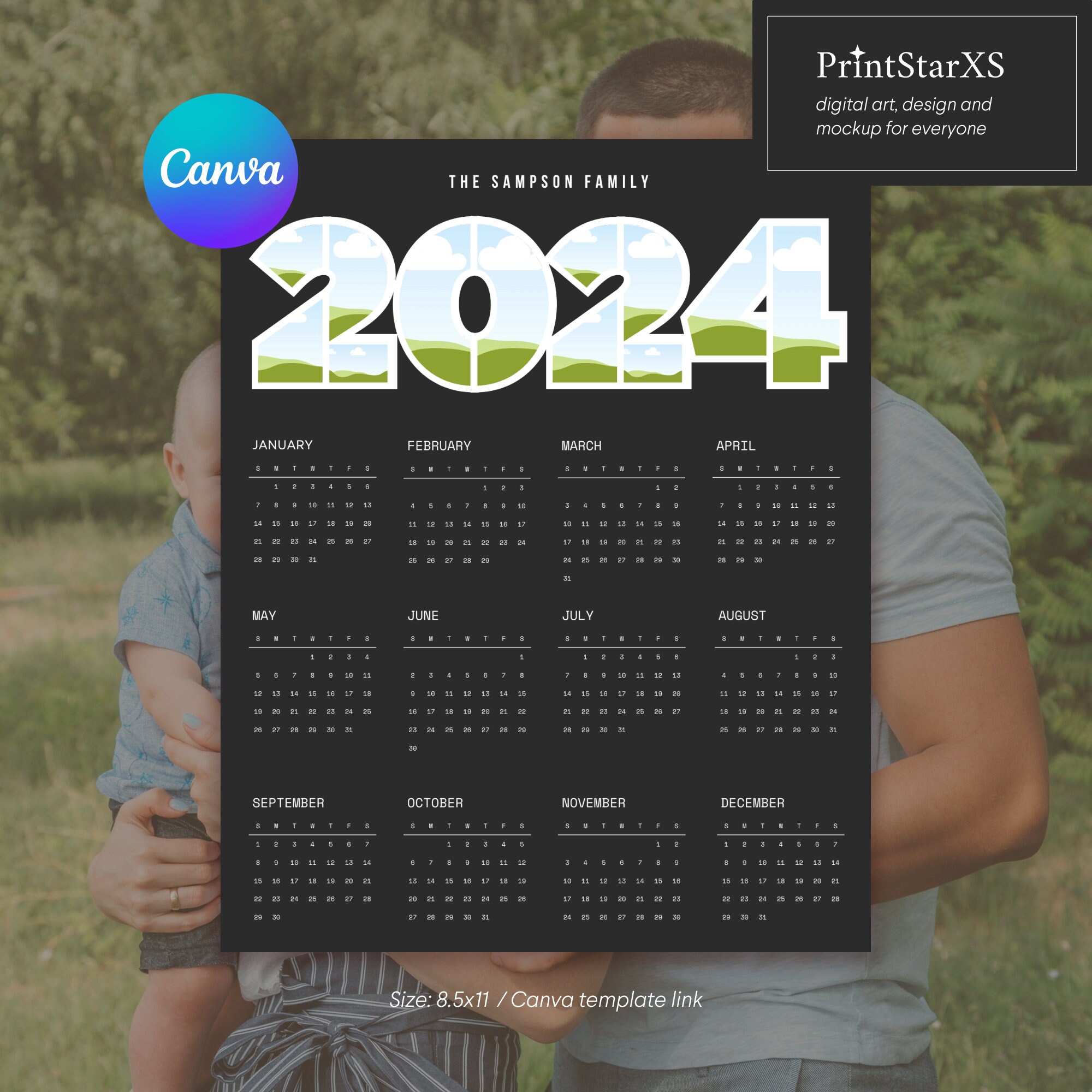 2024 Editable Calendar Printable 2024 CANVA Frame Calendar Canva ...