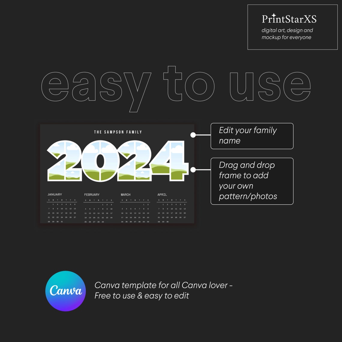 2024 Editable Calendar Printable 2024 CANVA Frame Calendar Canva Template Light Dark Minimalist ...
