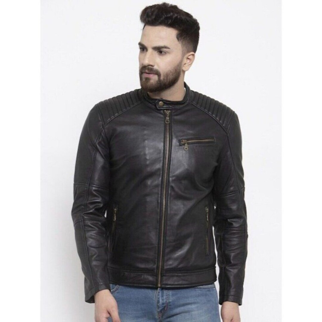 Men's Black Solid Leather Jacket Motorcycle Biker Coat Winter Warm ...