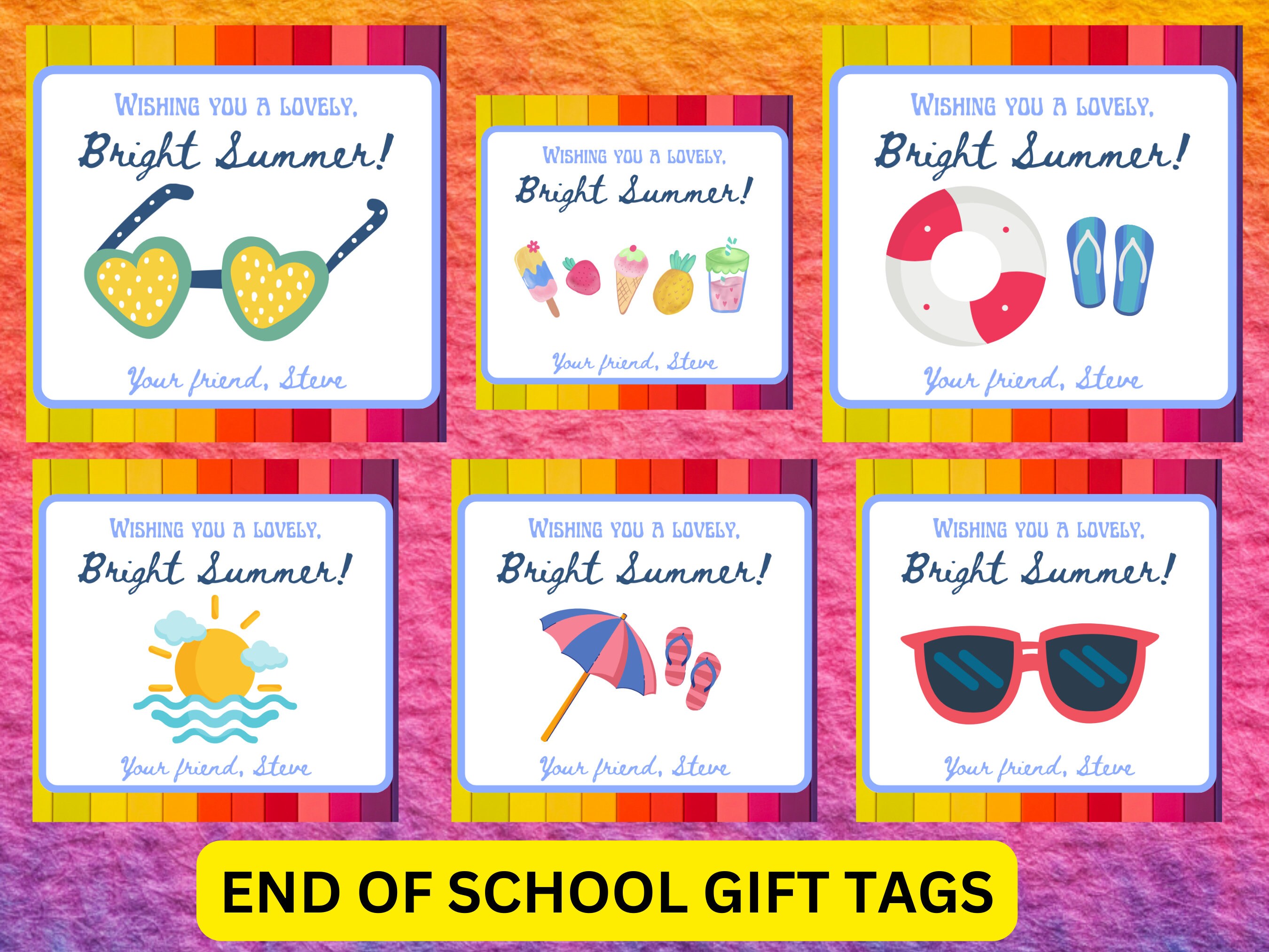 Editable End of School Gift Tags for Class, Bright Summer Sunglasses ...