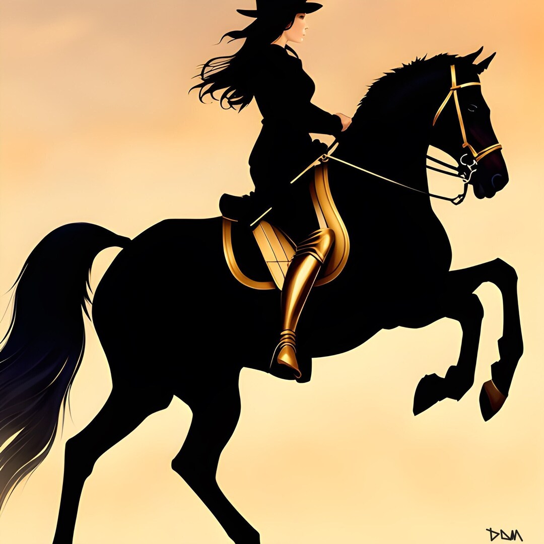 Woman Rider on a Black Horse - Digital Download, Digital Art, Oil ...