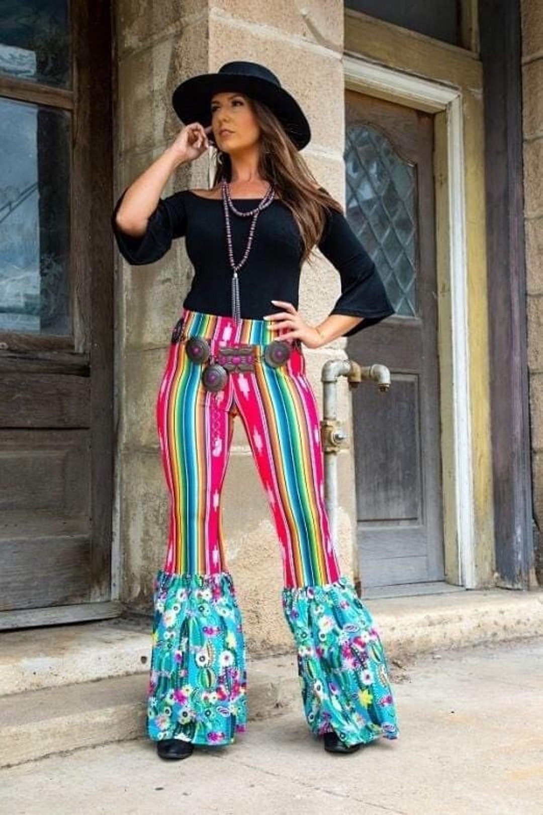 Fuchsia Aztec Serape and Jade Floral Cactus Pants With Flare Ruffle Hem, Womens Bell Bottoms - Etsy