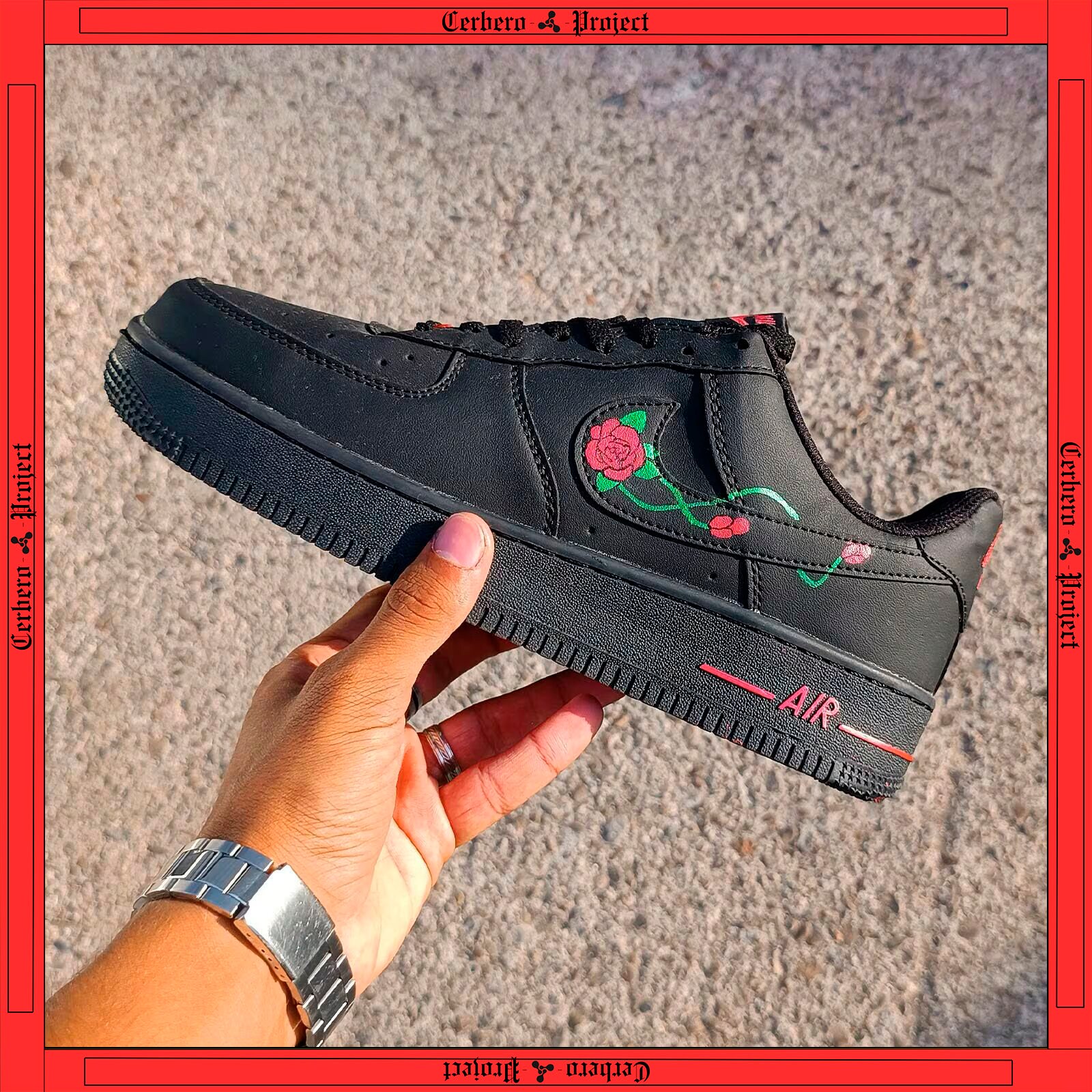 Custom Air Force 1 Sneaker: Triple Black and Red With Blossom and Rose ...