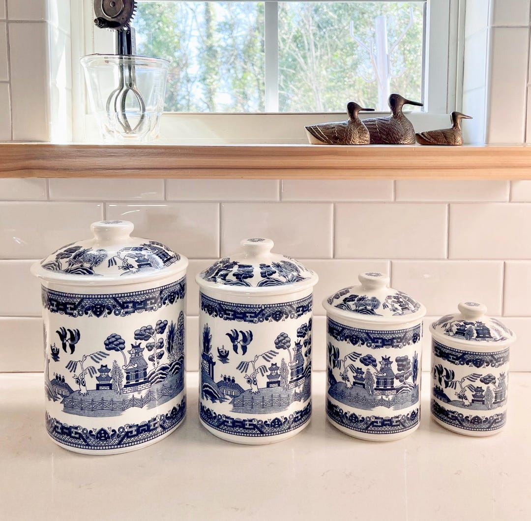 4 Piece Vintage Blue Willow Transferware Canister Set Blue and White ...