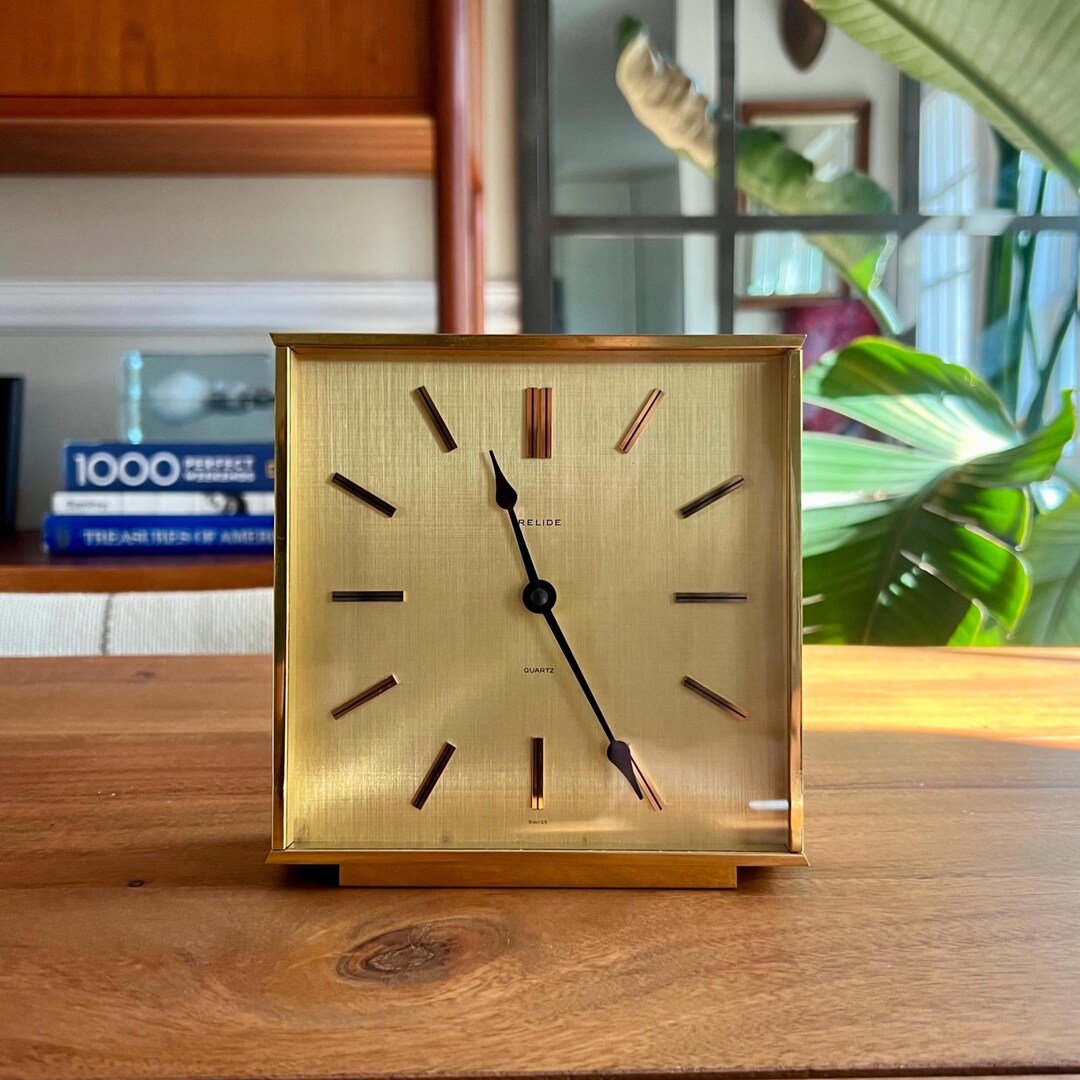 Mid Century Brass Mantle Clock or Desk Clock by Relide Switzerland - Etsy