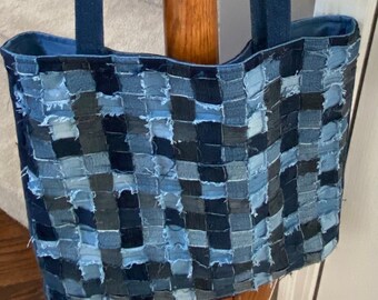 Large Denim Patchwork Tote Bag/recycled Denim Tote Bag/jeans Weekender ...