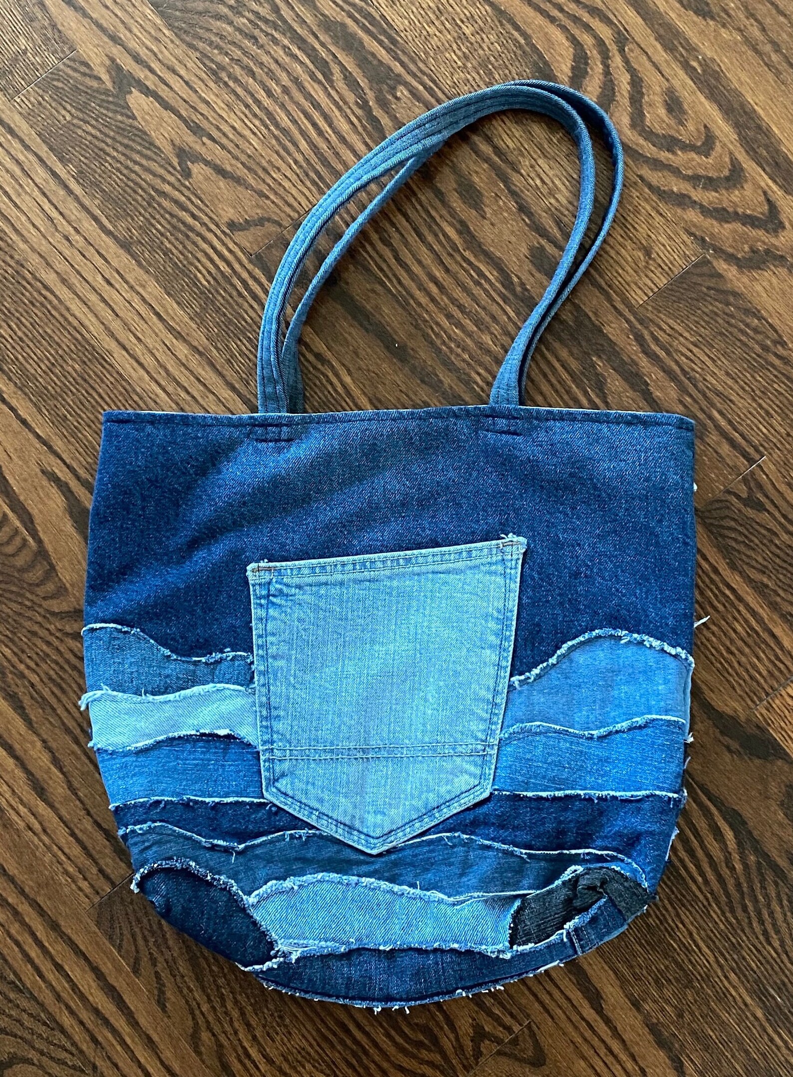 Denim Tote Bag Patchwork Making Waves - Etsy