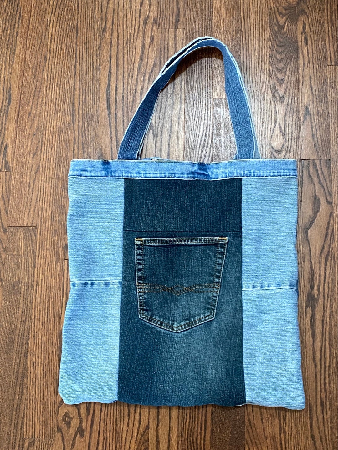 Denim Tote Bag | Patchwork | Medium Blue Band - Etsy
