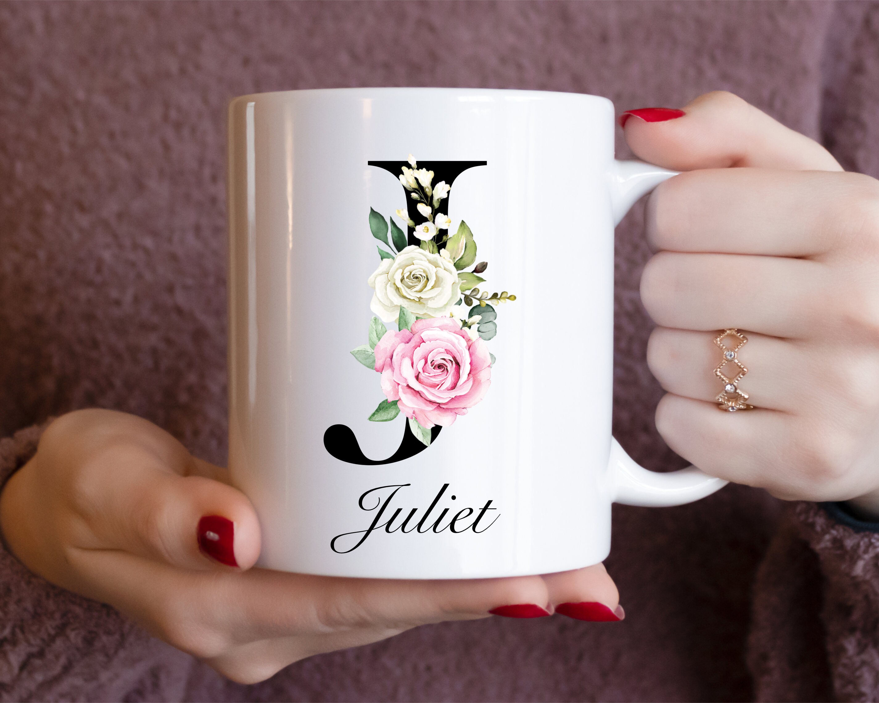 Custom Name Mug, Initial Letter Mugs, Monogram Mug, Floral Alphabet Cup ...