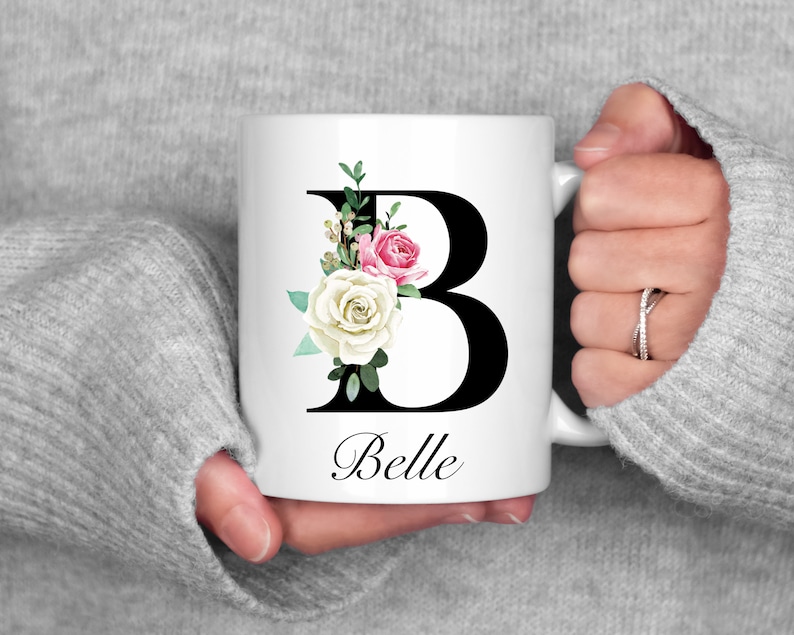 Custom Name Mug, Initial Letter Mugs, Monogram Mug, Floral Alphabet Cup ...