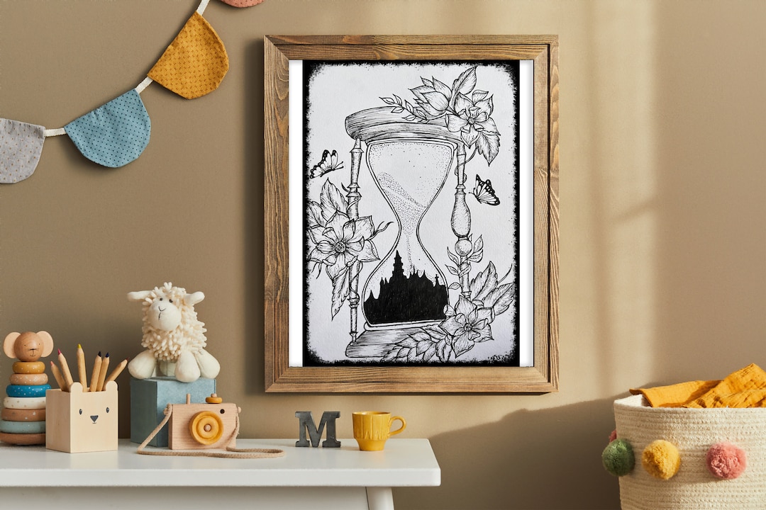 Timeless Beauty: Hand-drawn Sand Clock Sketch on Aged Paper With Frame ...