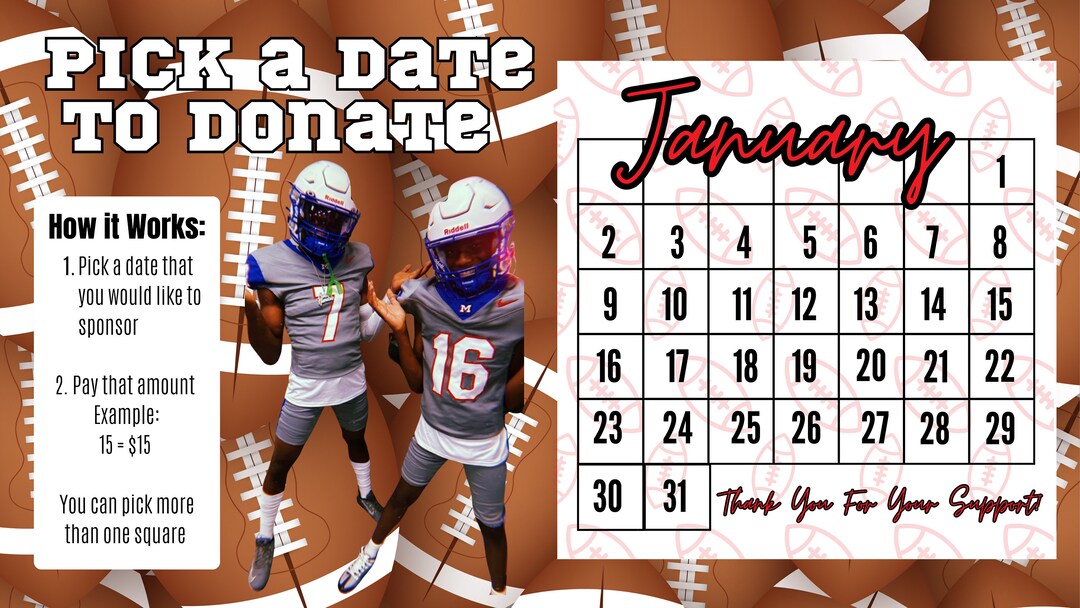 Football January Calendar Fundraiser, Pick a Date to Donate (instant ...