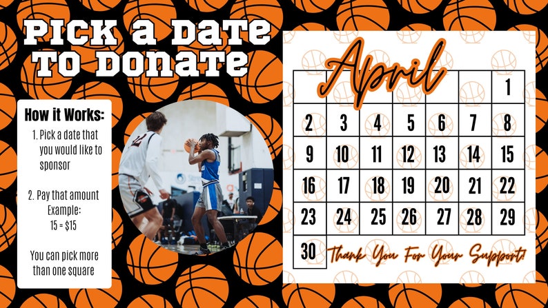 Customizable, Basketball Fundraiser, April Calendar, Digital Download ...