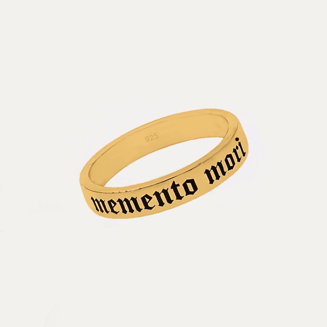 4mm Wide Memento Mori Engraved Black Enamel Band Ring, Round Shape Band ...