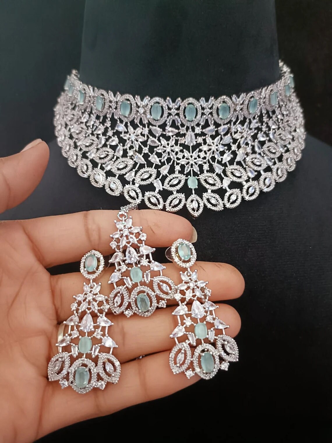 Gold Cubic Zirconia Diamond Bridal Necklace Set - Indian Wedding Choker ...