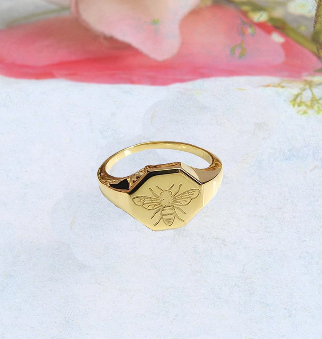 Bee Signet Band Ring, Custom Bee Ring, Octagon Bee Ring, Honey Bee ...