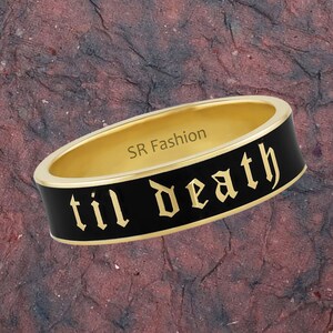 6mm & 4mm Wide Til Death Black Enamel Band Ring, Pair Set of Til Death ...
