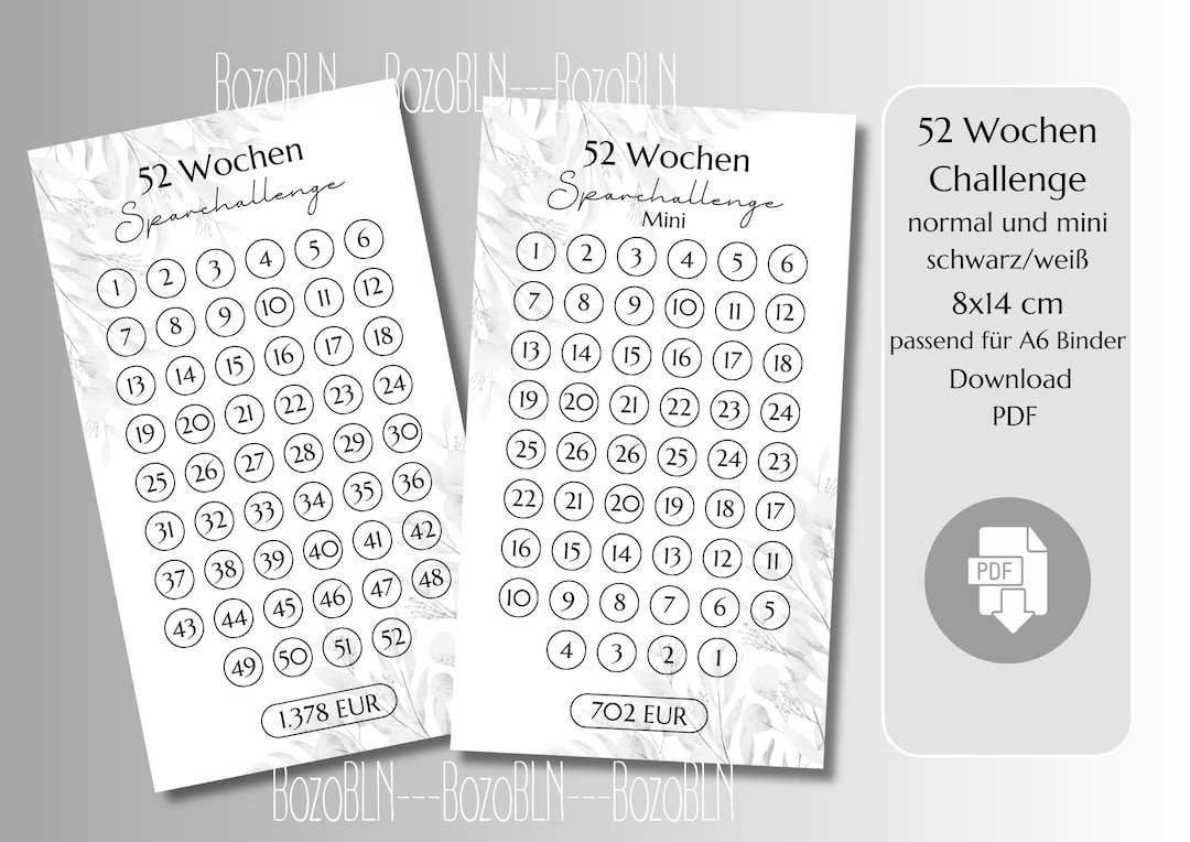 52 Weeks Challenge Savings Challenge Black/white PDF for A6 Envelopes ...