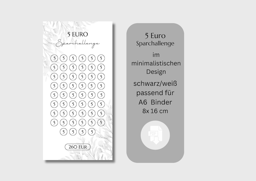 5 Euro Challenge Savings Challenge Black/white - PDF- for A6 Envelopes ...