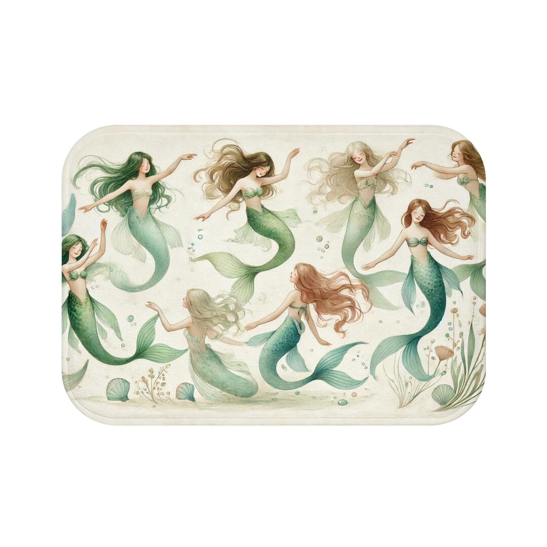 Mermaid Dance Bath Mat, Watercolor Mermaid Art, Ocean Theme Bathroom ...