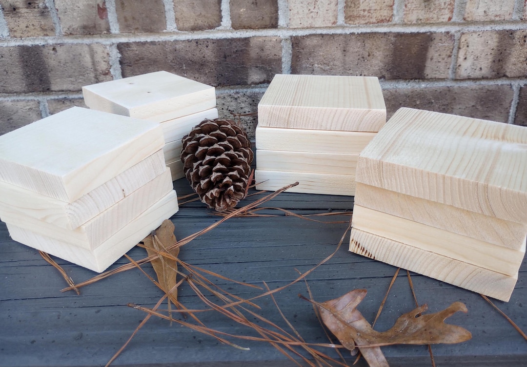 Unfinished Cut Wood Blocks Pieces, Set of 4 Square Blanks for DIY Craft ...