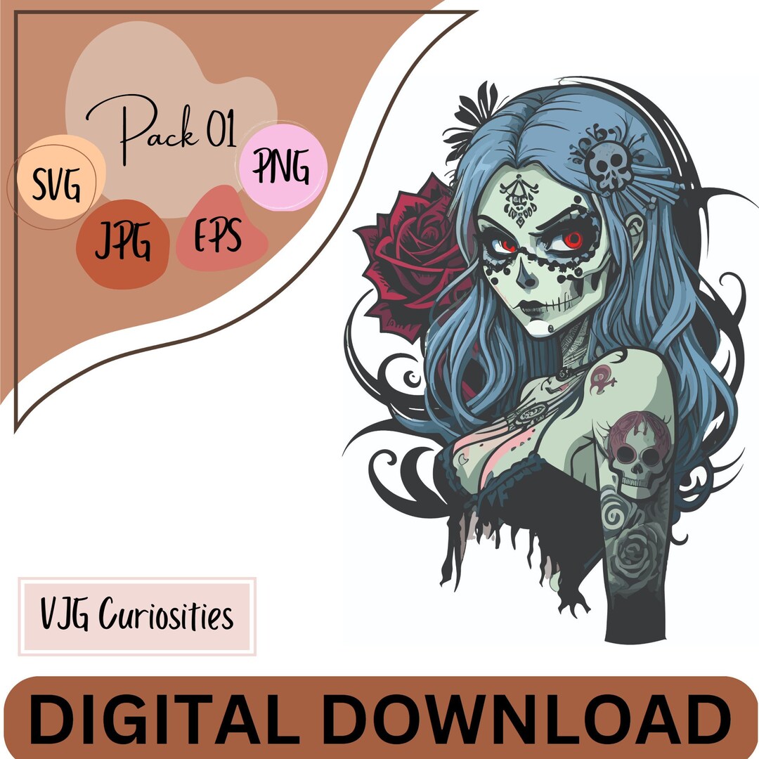 Boho Zombie Hippie Woman Digital Vector Art Download - Svg, Eps, Jpg ...