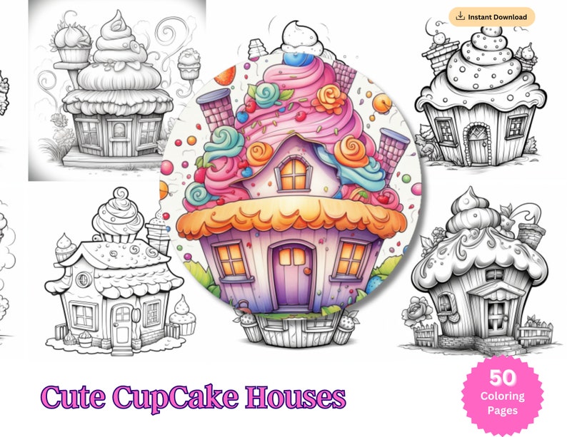 50 Cute Cupcake Houses Coloring Page Book, Adults Kids Instant Download ...
