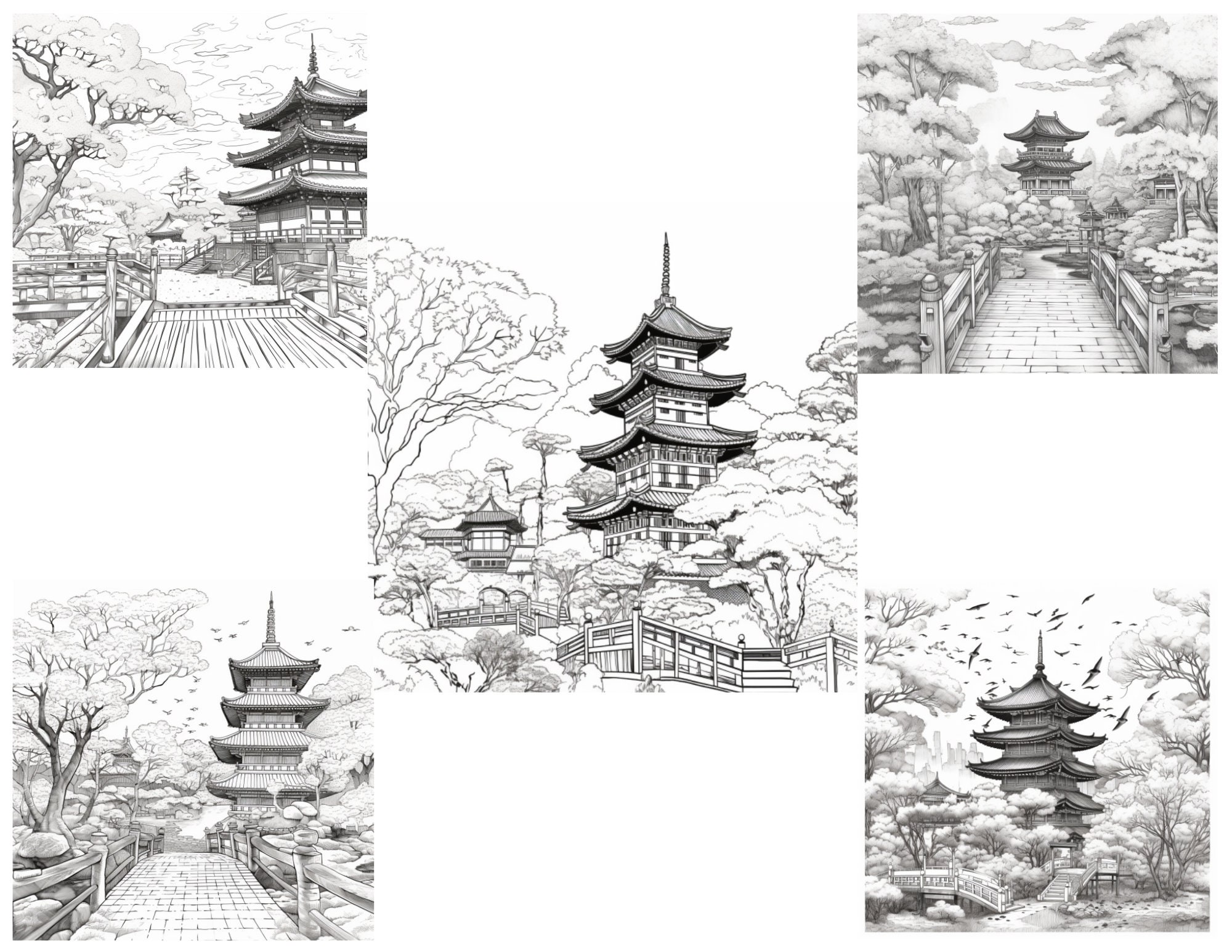 25 Japanese Autumn Temple Coloring Page Book, Adults + Kids- Instant ...