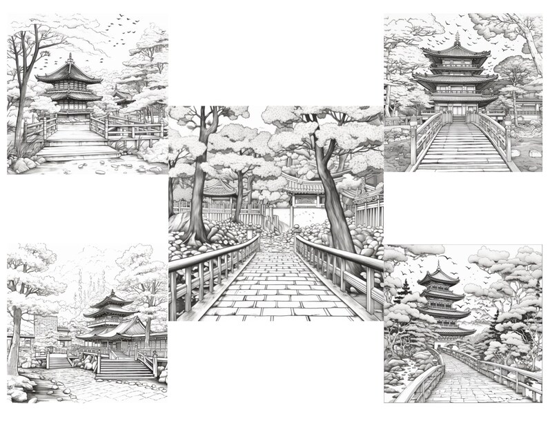 25 Japanese Autumn Temple Coloring Page Book, Adults + Kids- Instant ...