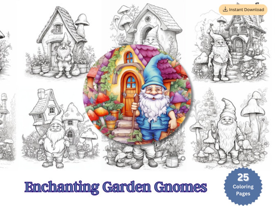 25 Enchanting Garden Gnomes Coloring Page Book, Adults Kids Instant ...