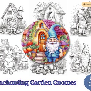 25 Enchanting Garden Gnomes Coloring Page Book, Adults Kids Instant ...